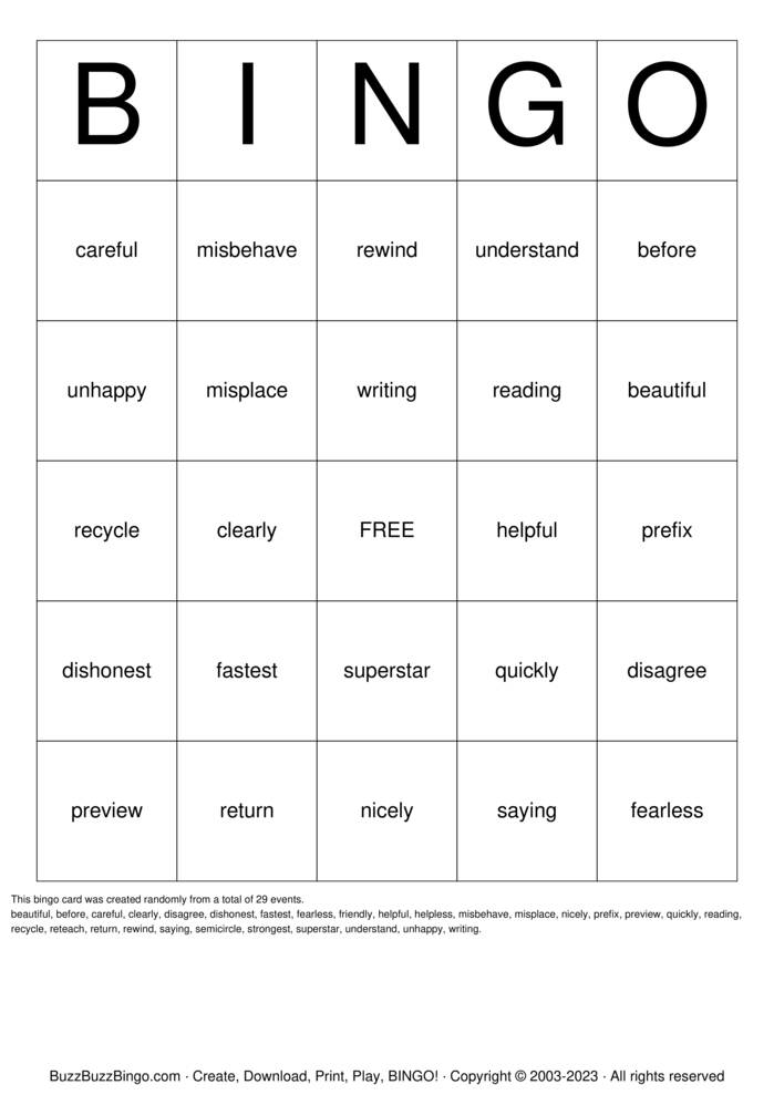 Prefix/Suffix Bingo Cards to Download, Print and Customize!