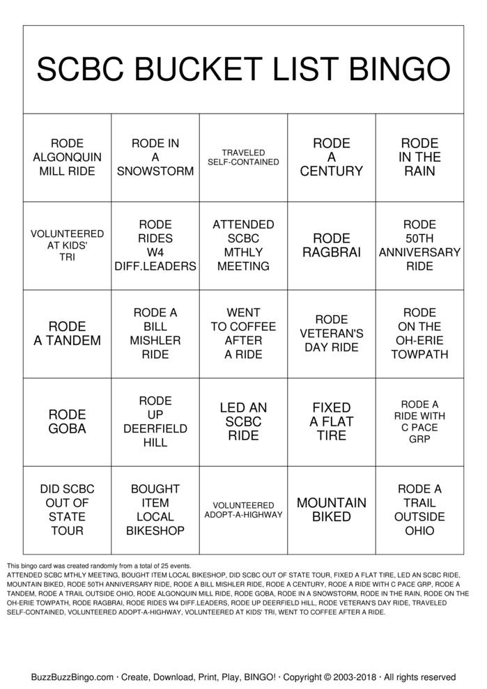 SCBC BUCKET LIST BINGOCustom Bingo Cards to Download, Print and Customize!