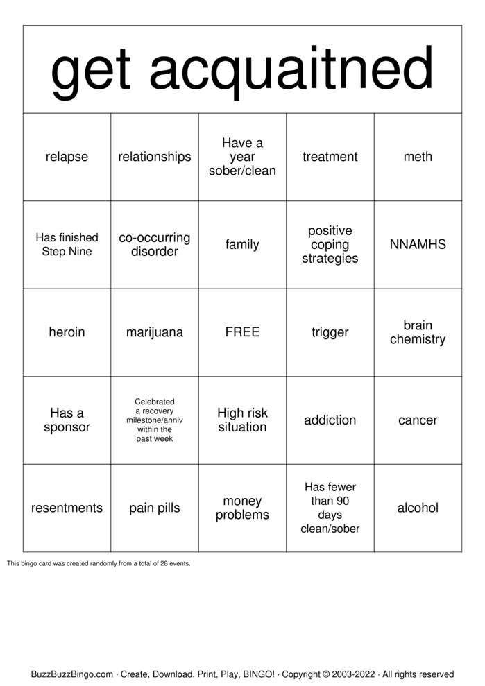 SOBER Bingo Cards to Download, Print and Customize!