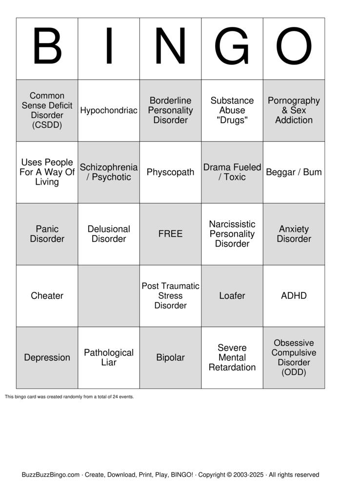 narcissistic personality Bingo Cards to Download, Print and Customize!