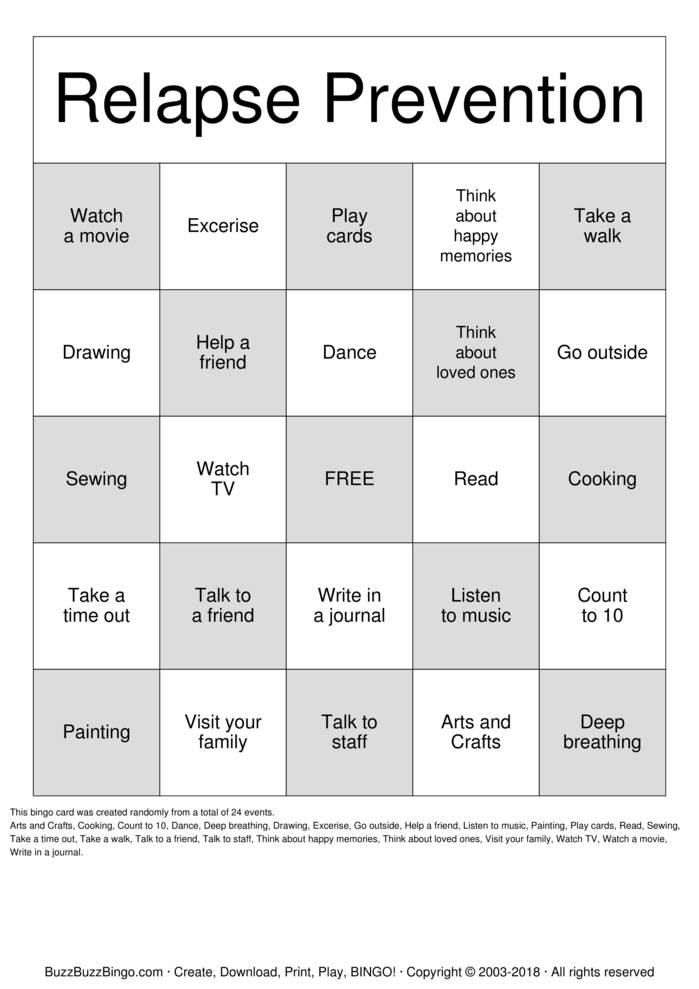 Relapse Prevention Bingo Cards To Download Print And Customize 