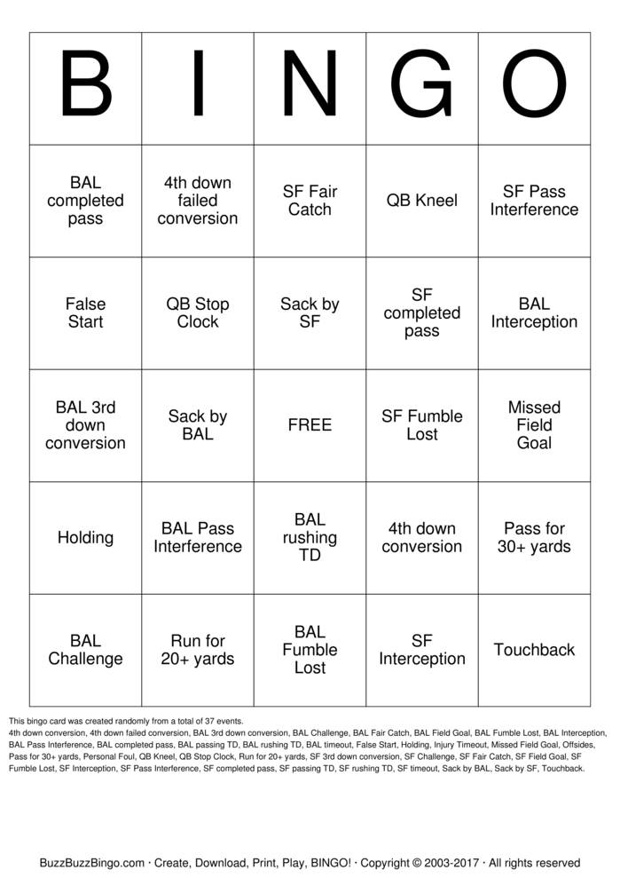 2013 Superbowl BAL vs SF Bingo Cards to Download, Print and Customize!