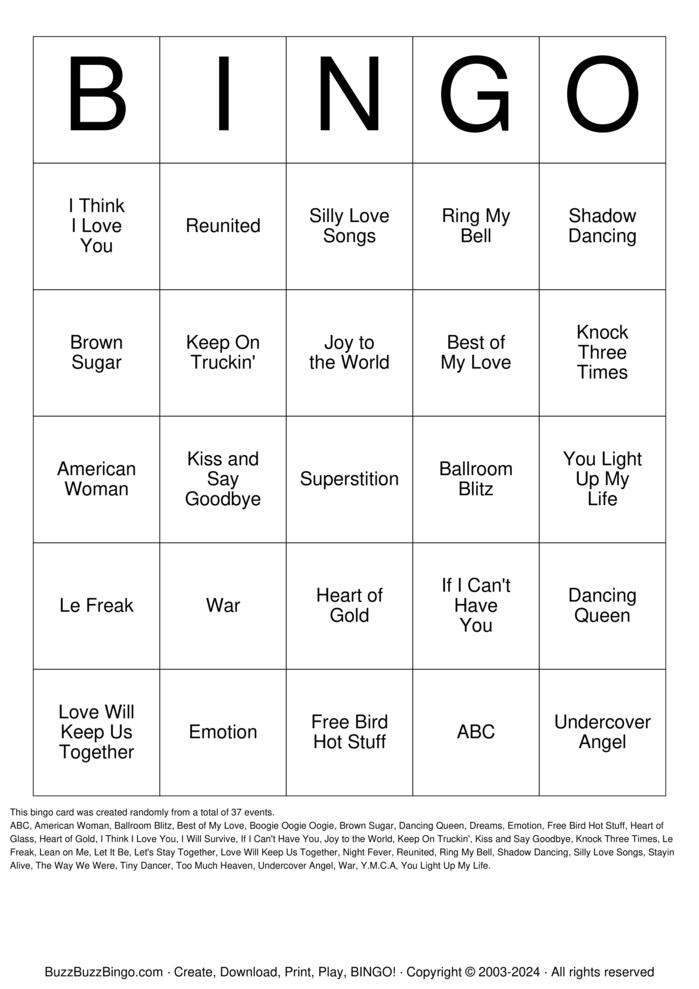 70s Hit Songs Bingo Cards to Download, Print and Customize!