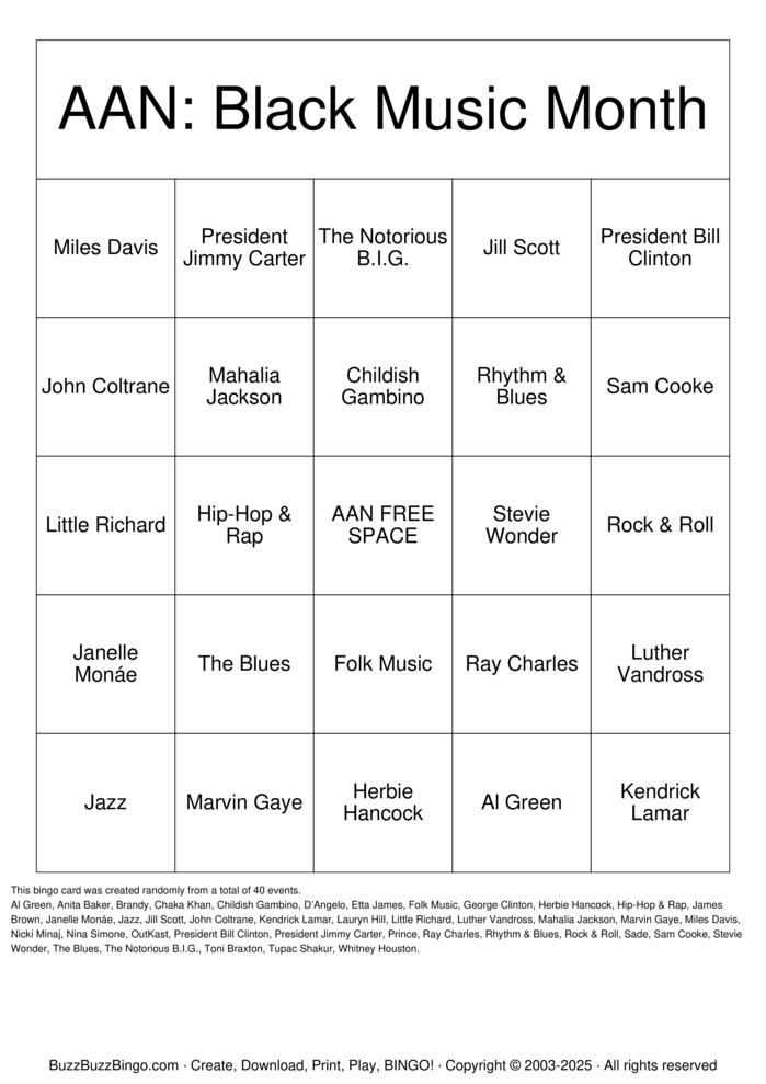AAN: Black Music Month Bingo Cards to Download, Print and Customize!