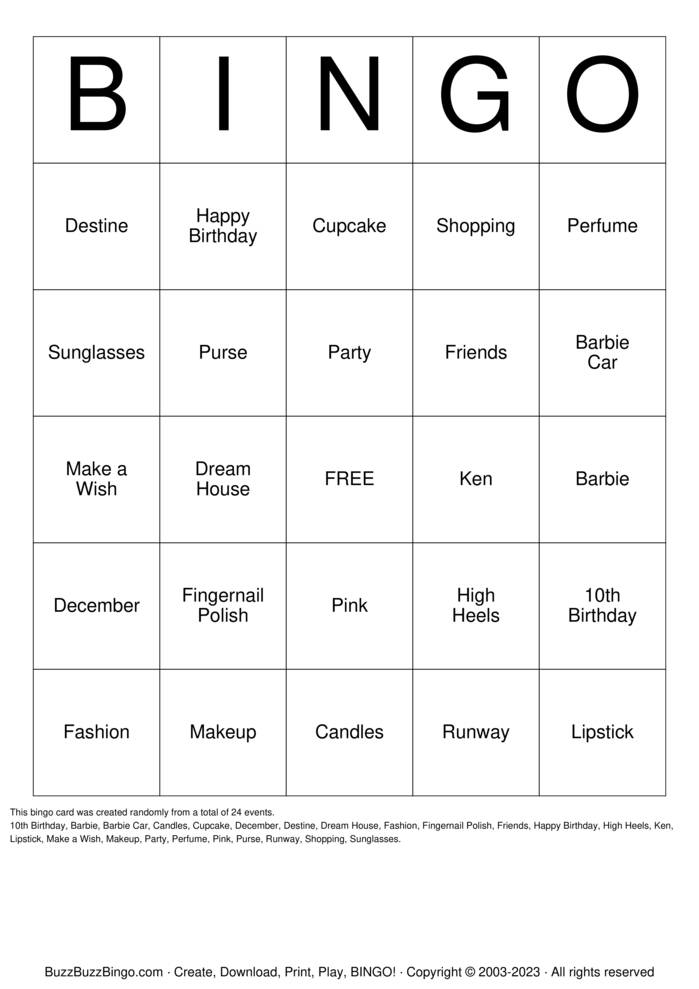 Barbie Bingo Cards to Download, Print and Customize!