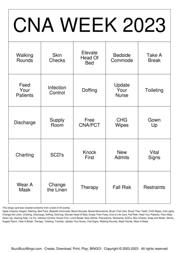 CNA Bingo Cards to Download, Print and Customize!