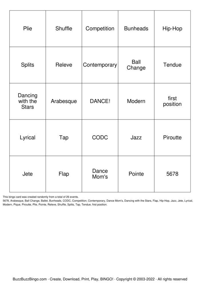 DANCE Bingo Cards to Download, Print and Customize!