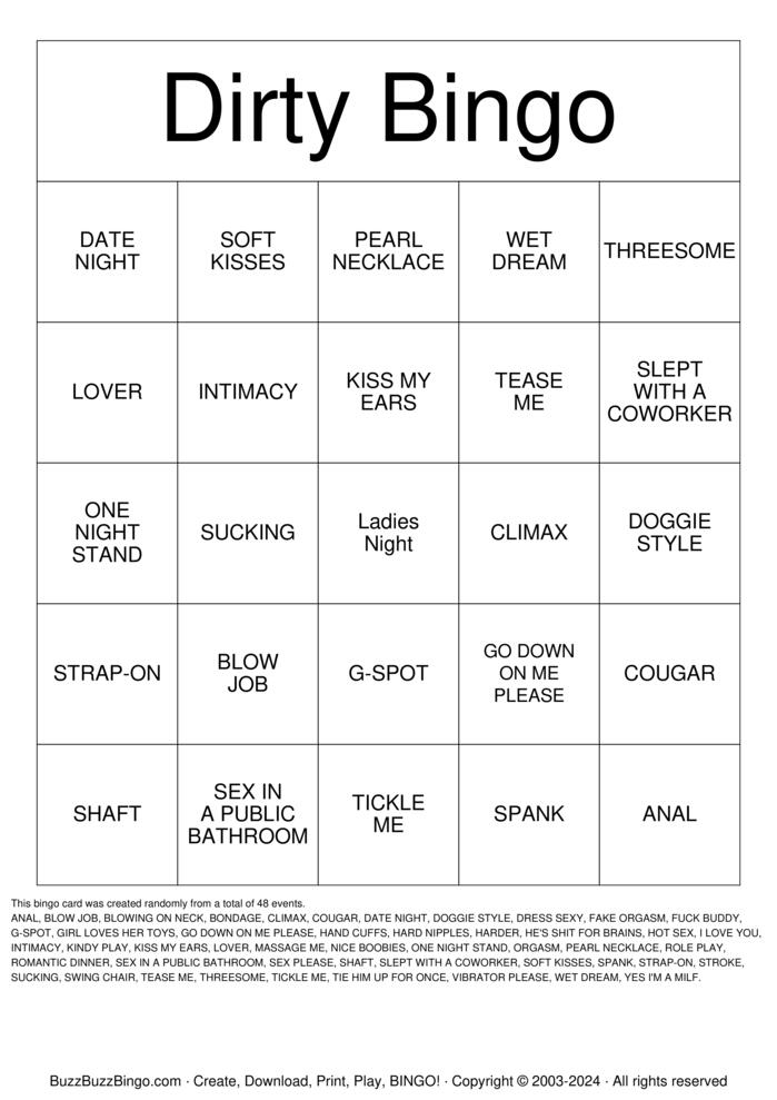 DIRTY BINGO Bingo Cards to Download, Print and Customize!
