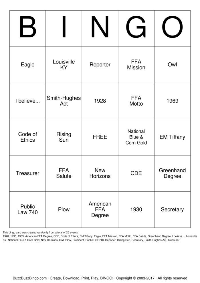 FFA Bingo Bingo Cards to Download, Print and Customize!
