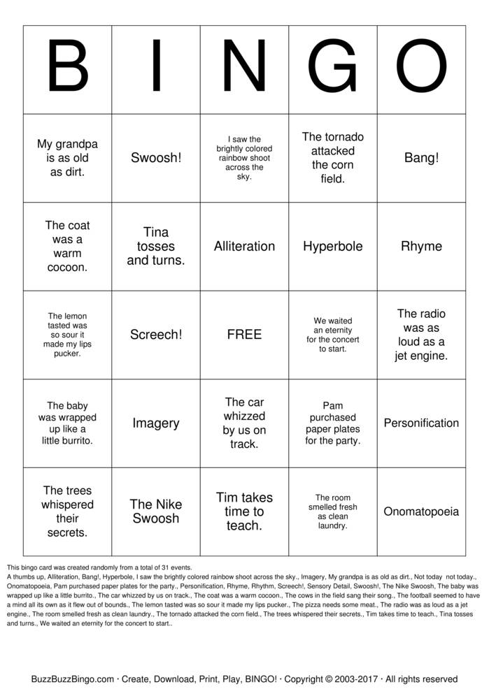Figurative Language Bingo Cards to Download, Print and Customize!