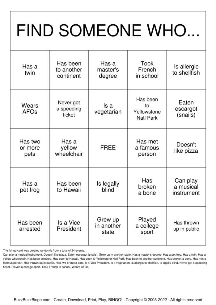 Find someone who... Bingo Cards to Download, Print and Customize!