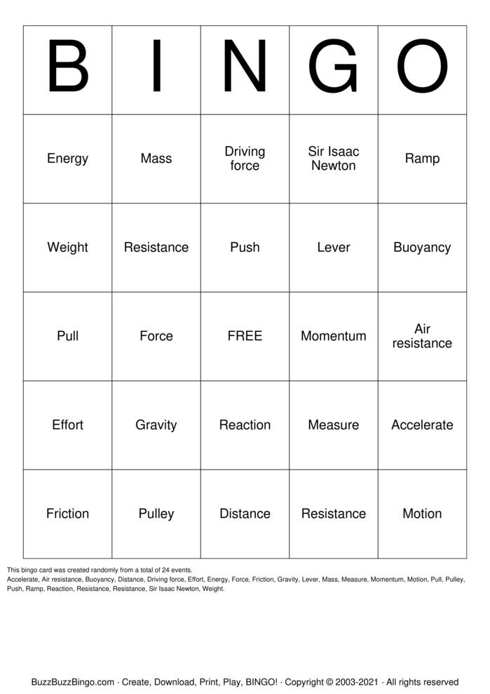 Force & Motion Bingo Cards to Download, Print and Customize!