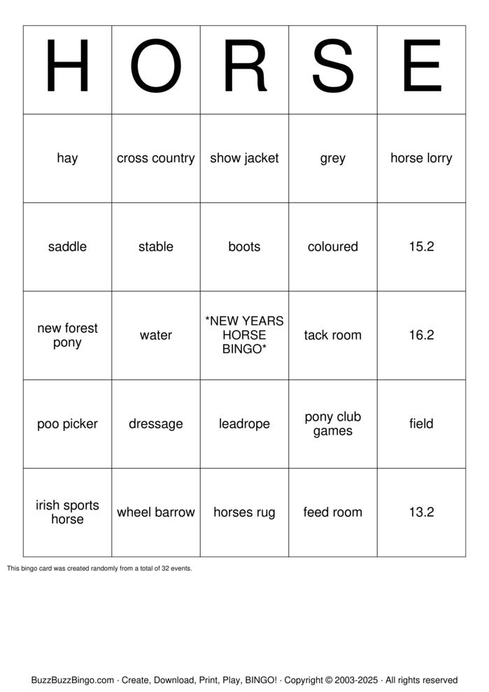 Horse Bingo Cards to Download, Print and Customize!