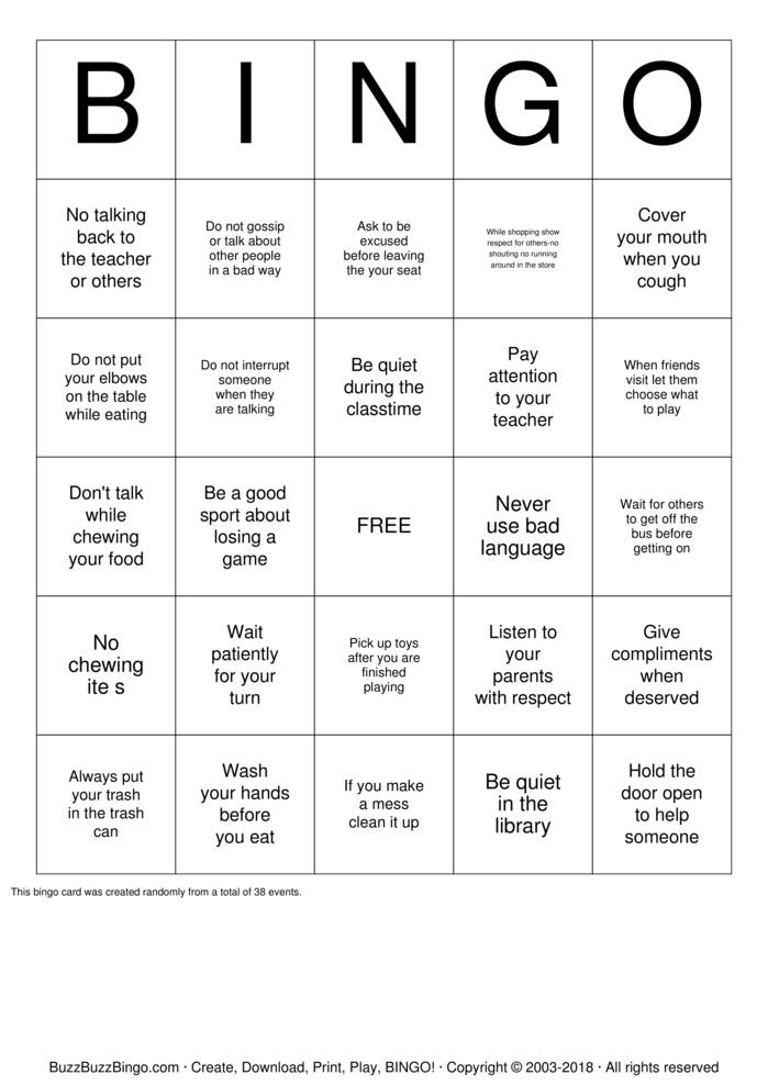 Manners Bingo Cards to Download, Print and Customize!