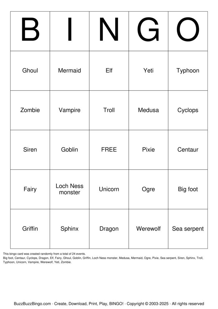 Mythical Creatures Bingo Cards to Download, Print and Customize!