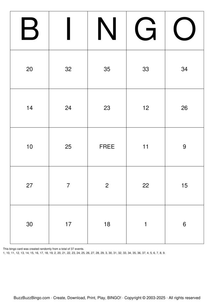 Numbers 1-36 Bingo Cards to Download, Print and Customize!