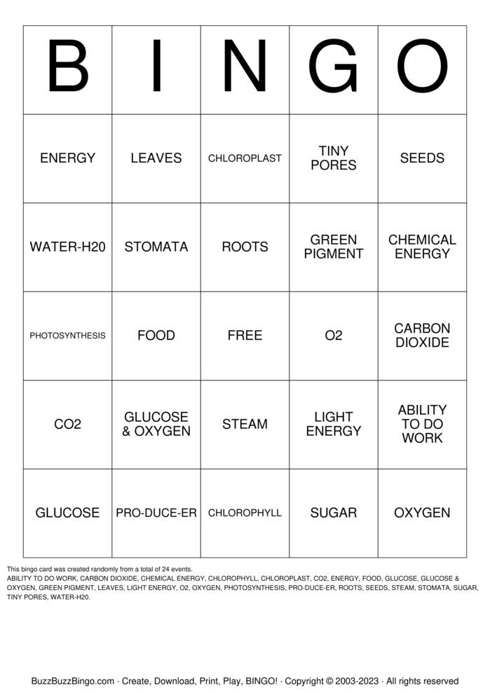 Photosynthesis Bingo Cards to Download, Print and Customize!