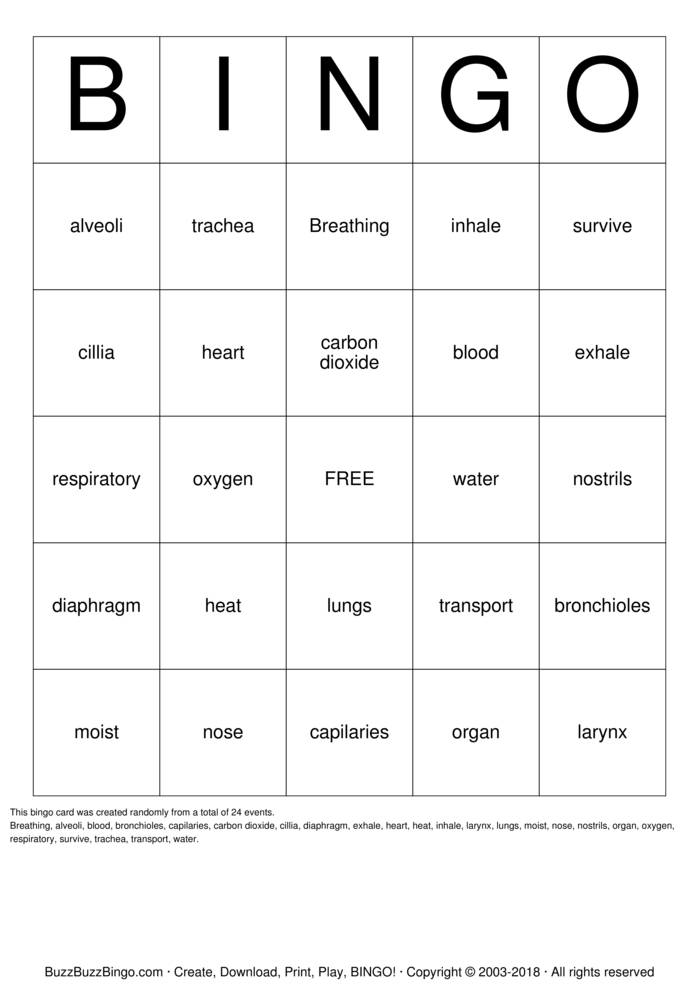 Respiratory System Bingo Cards to Download, Print and Customize!