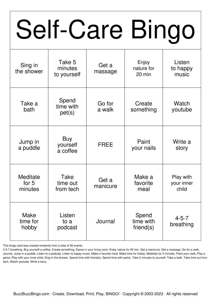 Self-Care Bingo Bingo Cards to Download, Print and Customize!