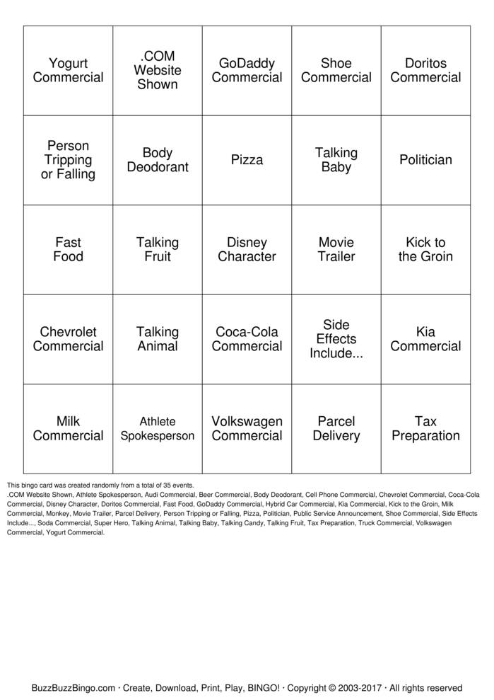Superbowl Commercials Bingo Cards to Download, Print and Customize!