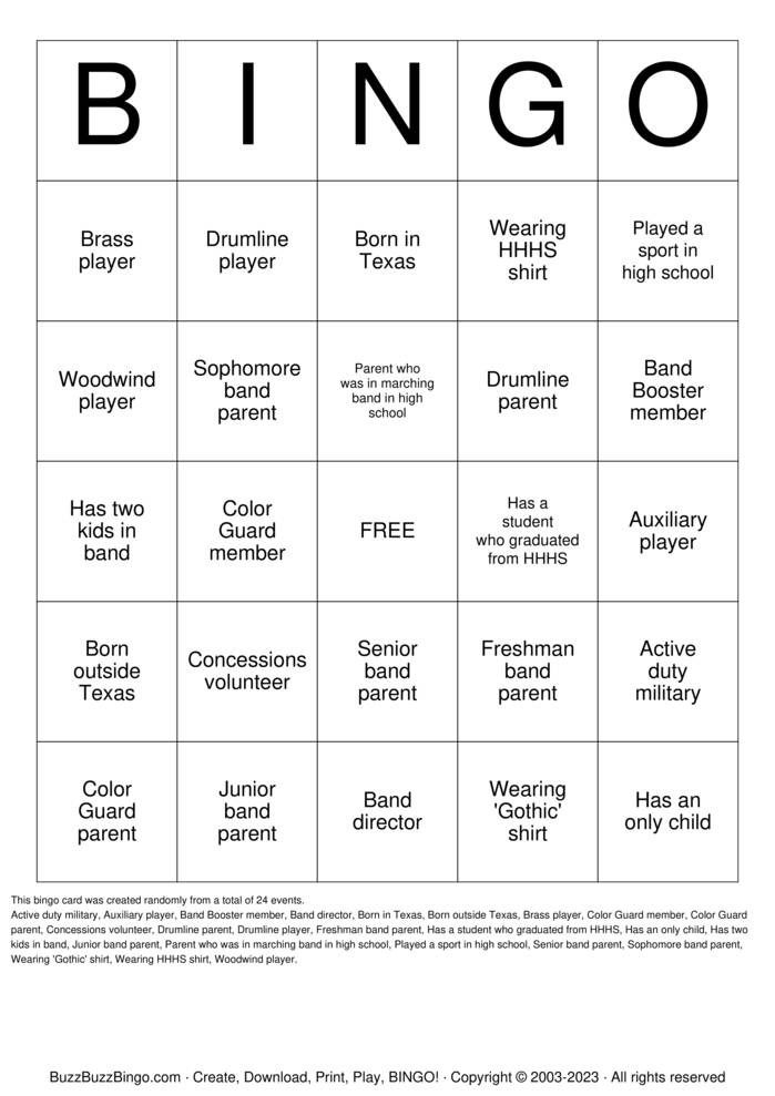 marching band Bingo Cards to Download, Print and Customize!