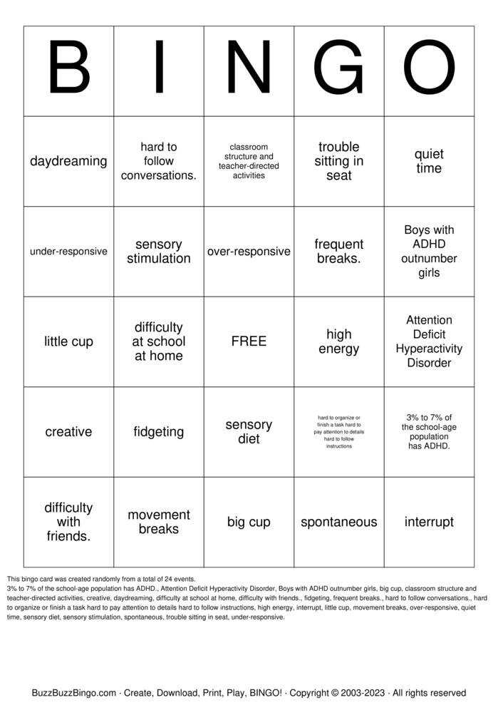 ADHD BINGO Bingo Cards to Download, Print and Customize!