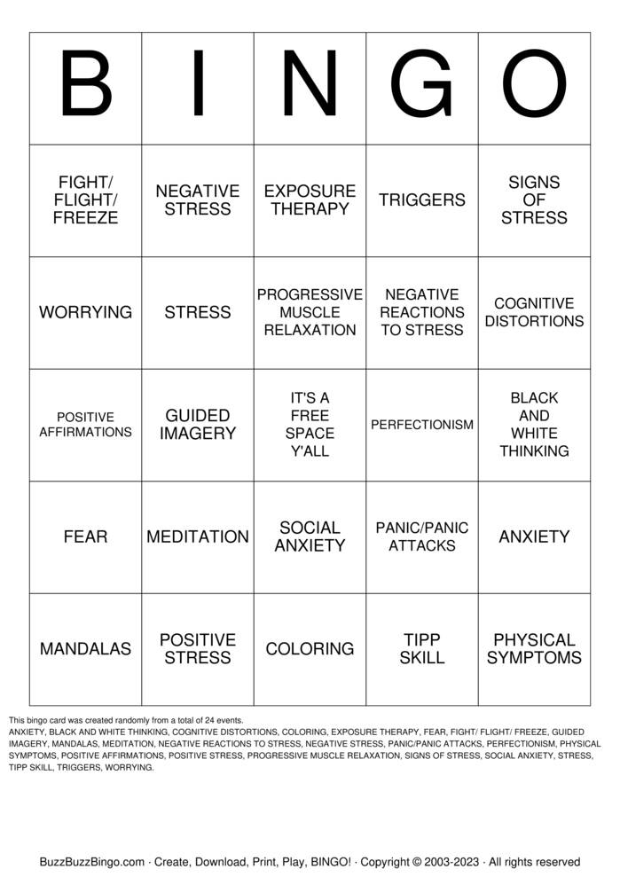 ANXIETY BINGO Bingo Cards to Download, Print and Customize!