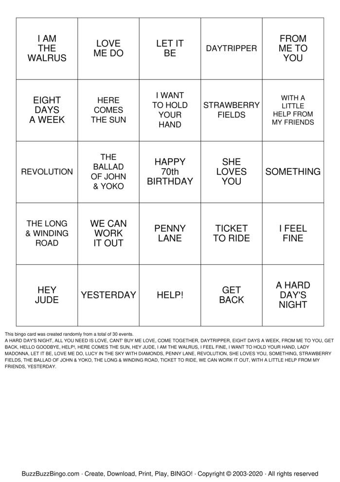 Barry's Beatles Bingo Bingo Cards to Download, Print and Customize!