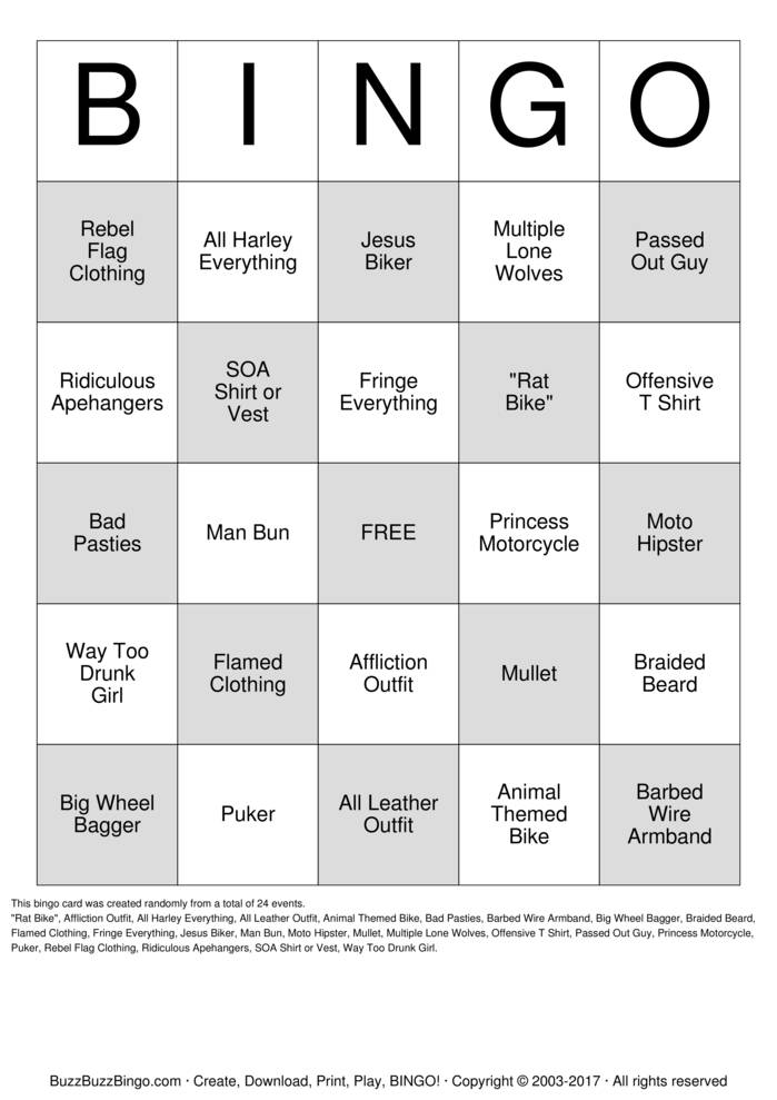 Biker Bingo Cards to Download, Print and Customize!