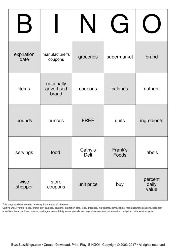 Choosing and Buying Groceries Bingo Cards to Download, Print and Customize!