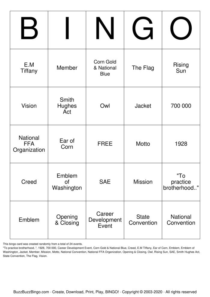 FFA Bingo Bingo Cards to Download, Print and Customize!