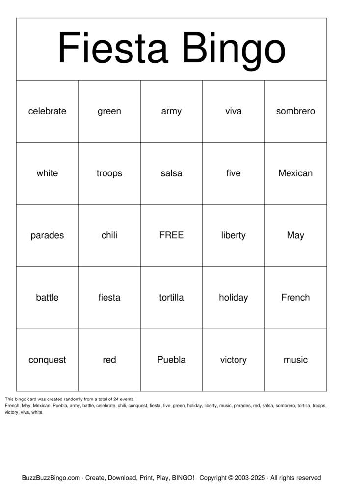 Fiesta Bingo Bingo Cards to Download, Print and Customize!