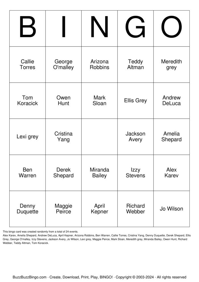 GREYS e Bingo Cards to Download, Print and Customize!