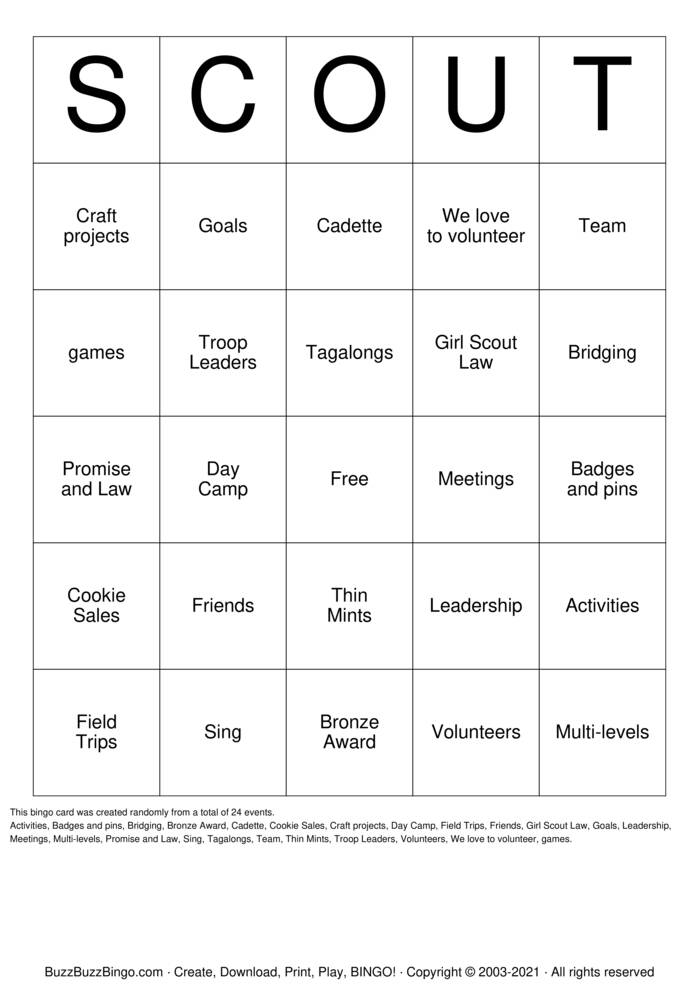 Girl Scout Bingo Cards to Download, Print and Customize!