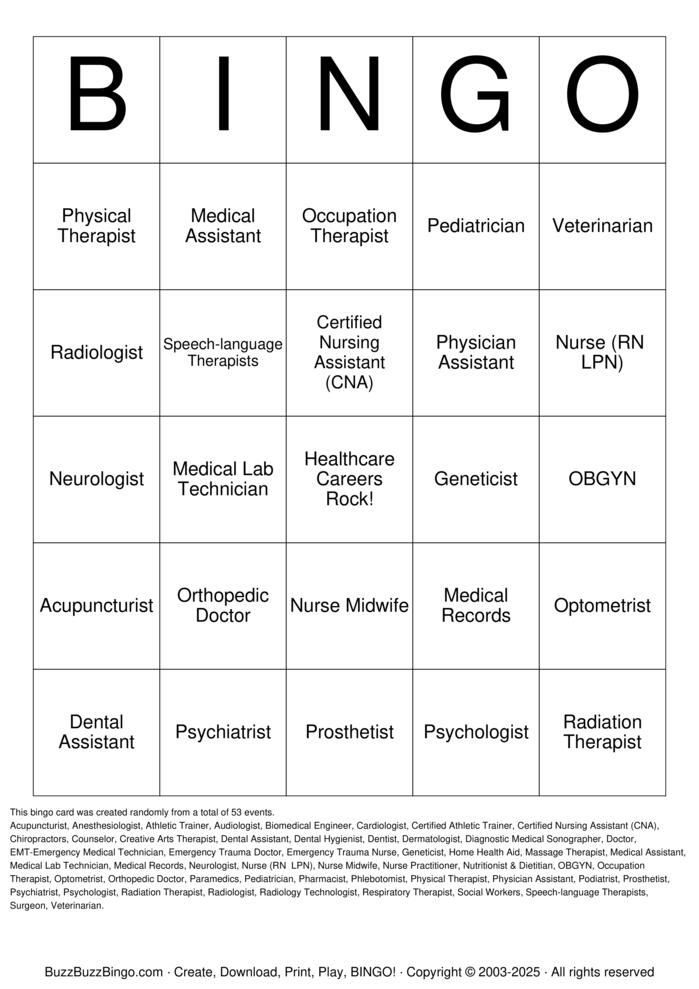 Health Care Careers Bingo Cards to Download, Print and Customize!