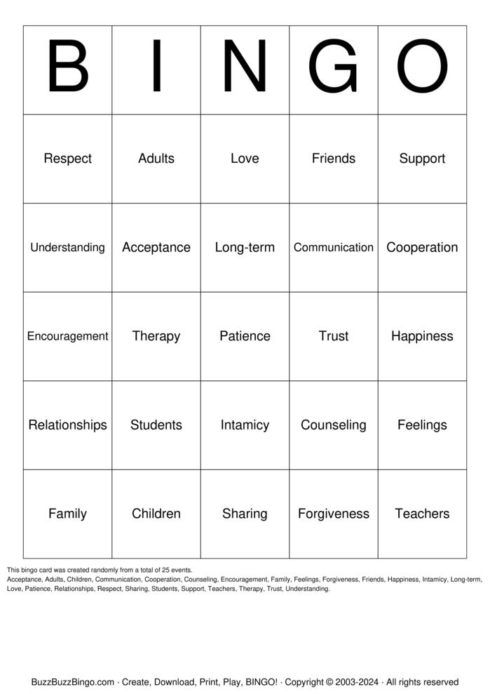 Healthy Relationships Bingo Cards to Download, Print and Customize!