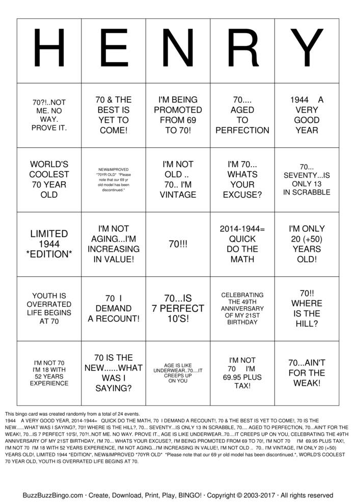 LOOK WHO'S PUSHING 70!!!!! Bingo Cards to Download, Print and Customize!