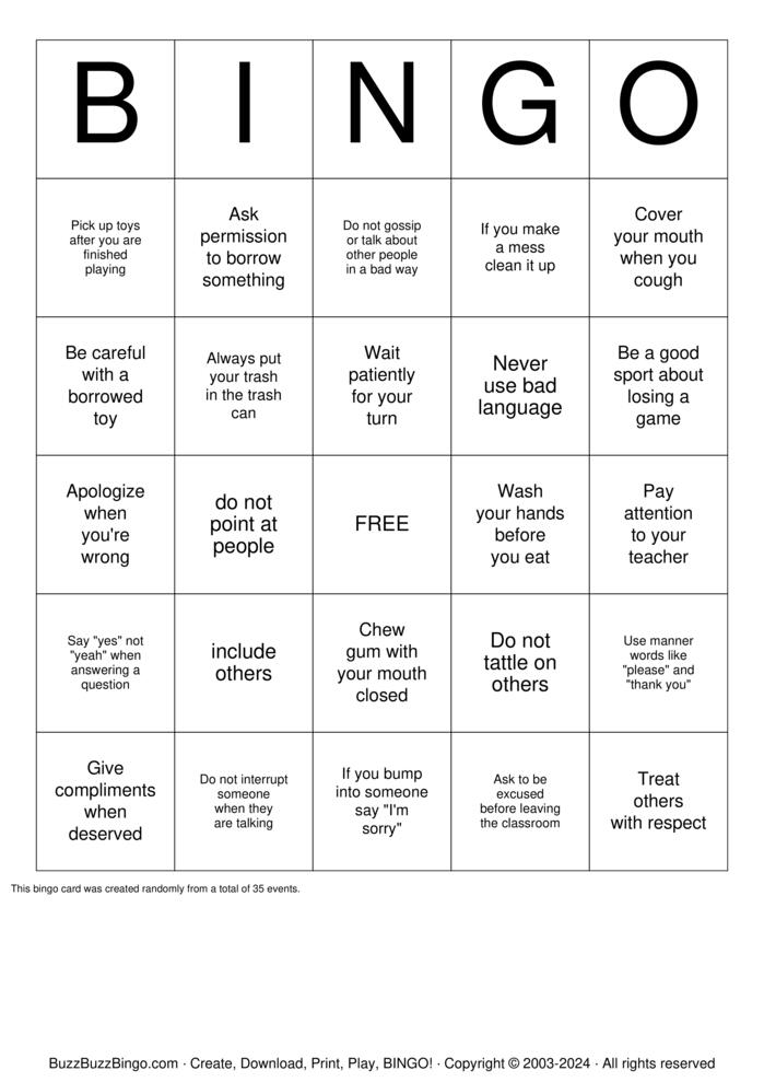Manners Bingo Cards to Download, Print and Customize!