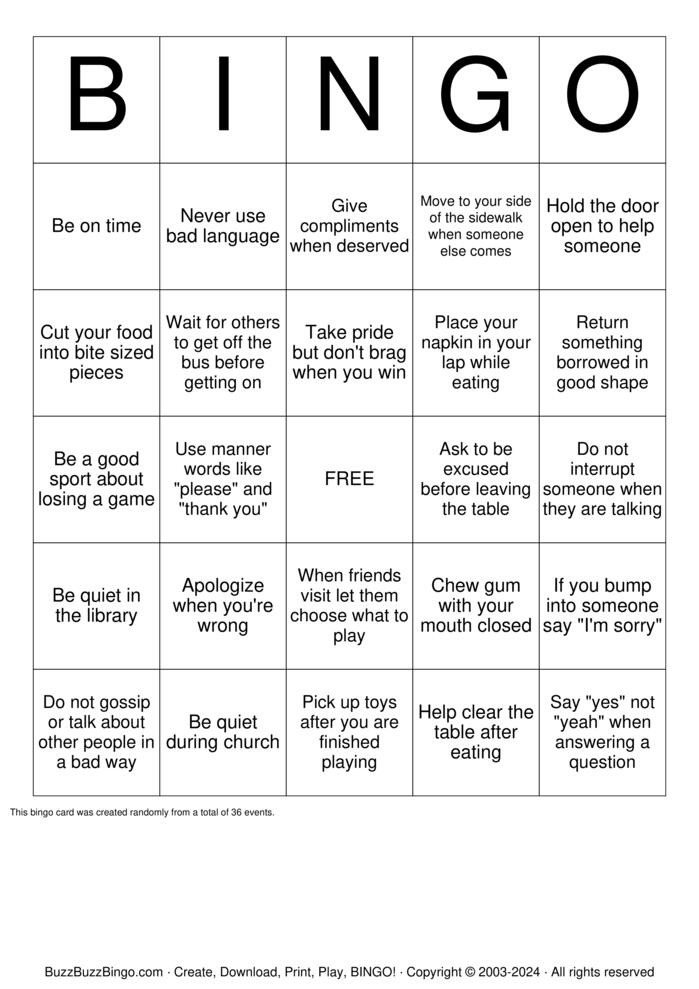 Manners Bingo Cards to Download, Print and Customize!