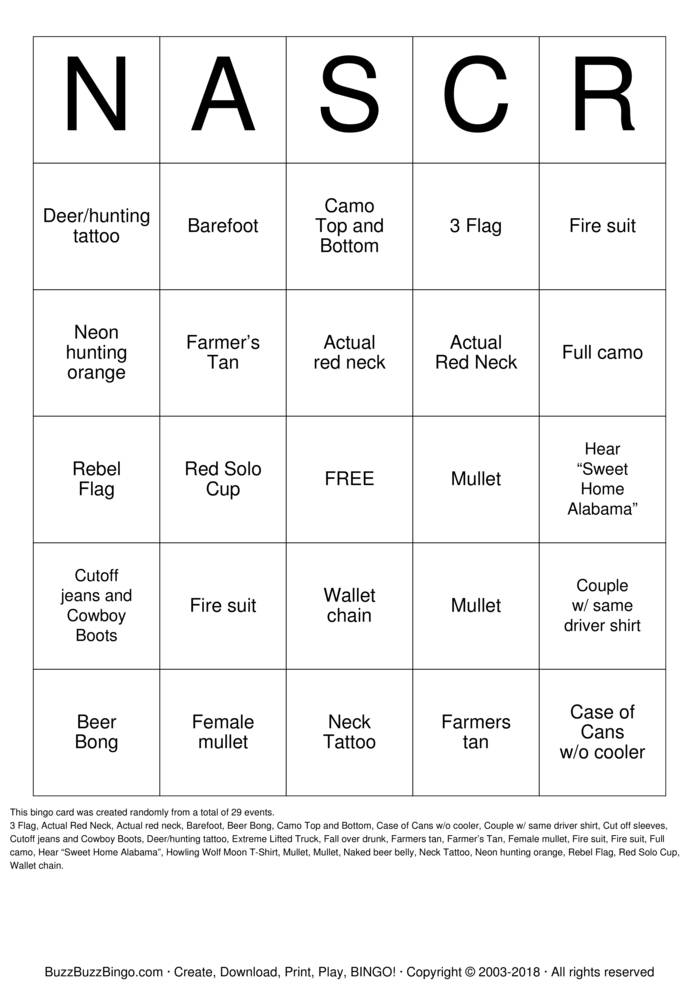 NASCAR Redneck Bingo Bingo Cards to Download, Print and Customize!