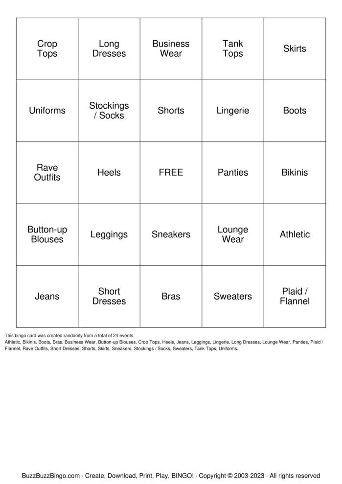 Outfit Kinks Bingo Cards to Download, Print and Customize!