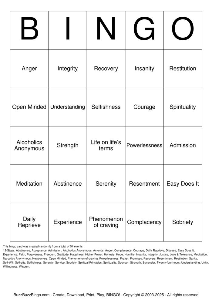 12-Step Bingo Cards to Download, Print and Customize!