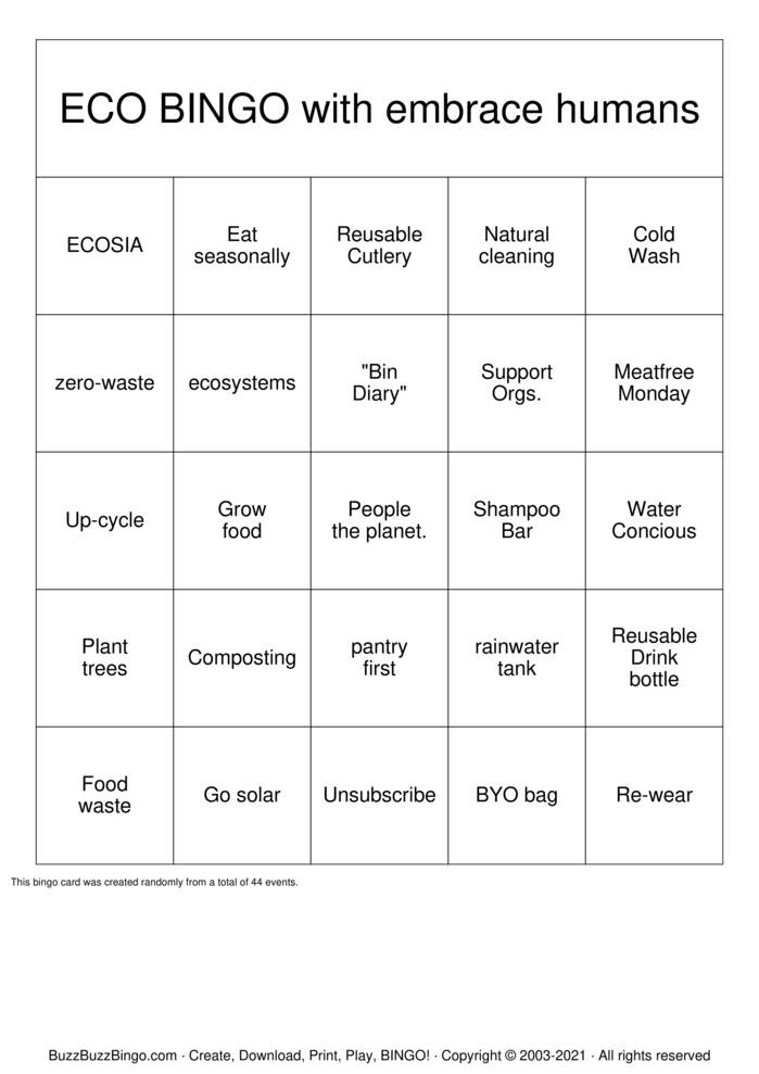 ECO BINGO with embrace humans Bingo Cards to Download, Print and Customize!