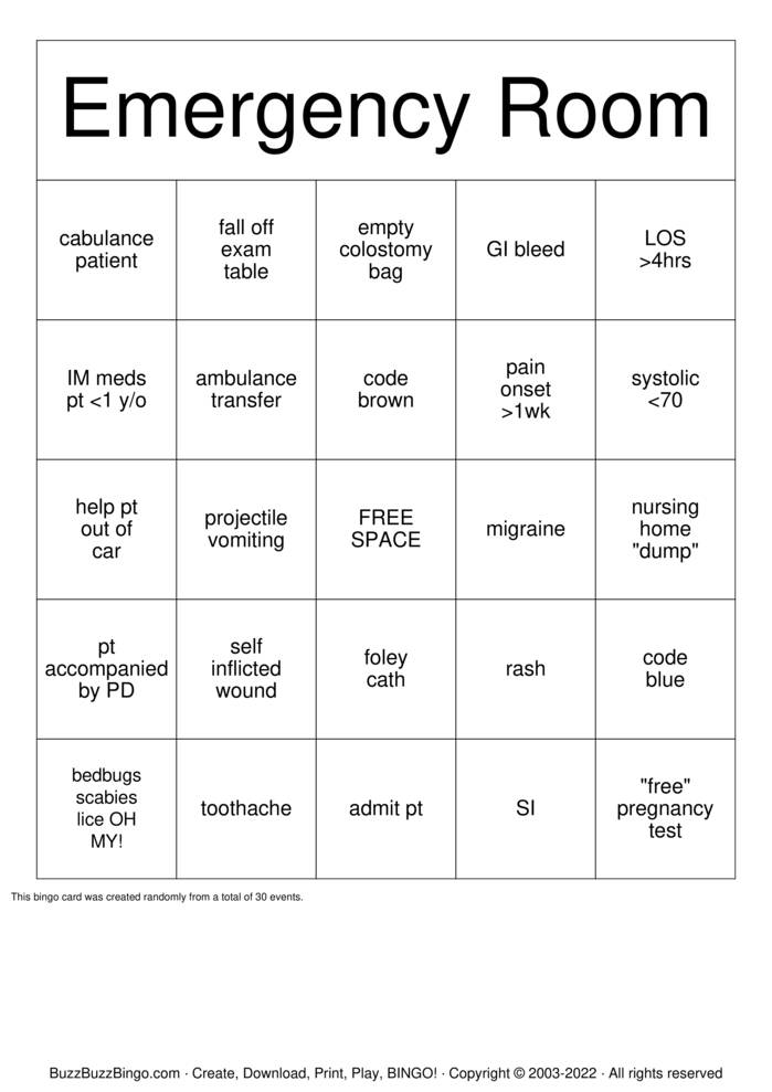 Emergency Room Bingo Cards to Download, Print and Customize!