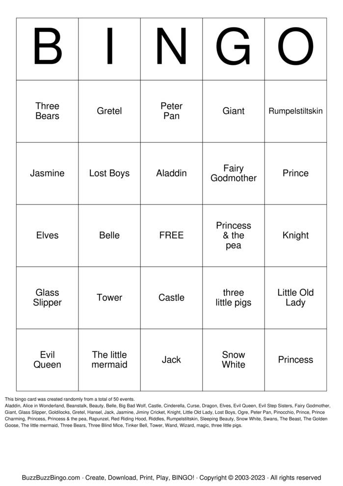 Fairy Tales Bingo Cards to Download, Print and Customize!
