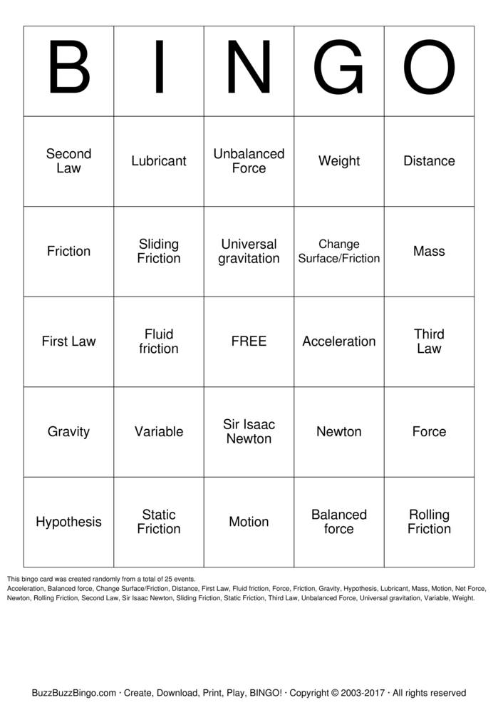 Forces and Motion BINGO Bingo Cards to Download, Print and Customize!