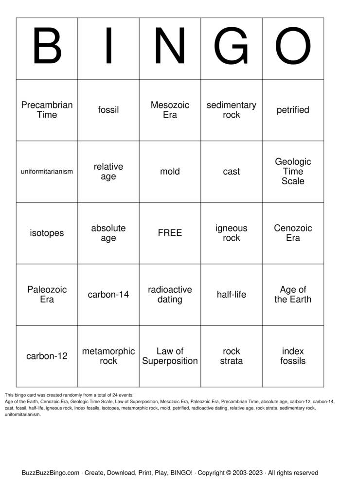 GEOLOGIC TIME Bingo Cards to Download, Print and Customize!