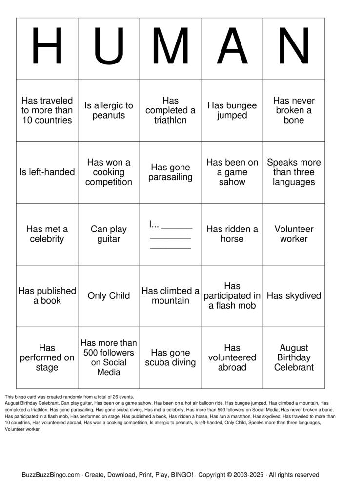 Human Bingo Cards to Download, Print and Customize!