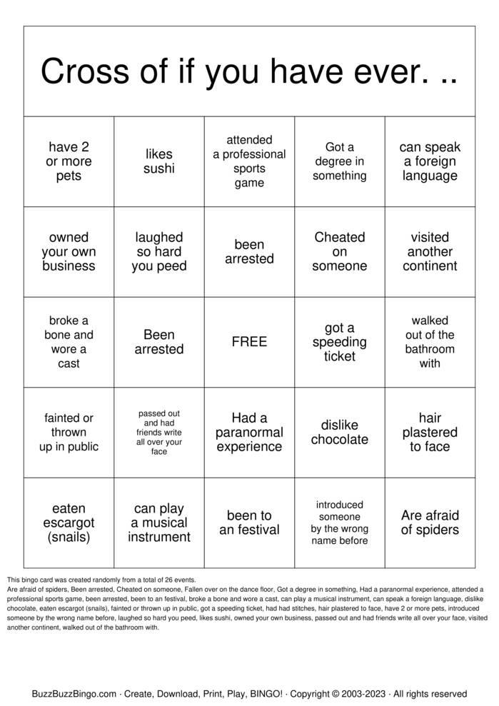 Life experiences bingo Bingo Cards to Download, Print and Customize!