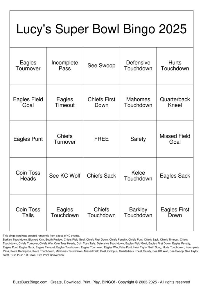 Lucy's Super Bowl Bingo 2025 Bingo Cards to Download, Print and Customize!